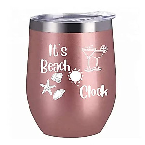 It's Beach O 'Clock, Lovely Shape Rose Gold With white Print, Insulated Wine Tumbler with Lid Double Wall Stainless Steeel, Coffee Mug, Beach Accesories, Cocktail, Beer, Office (Rose Gold)