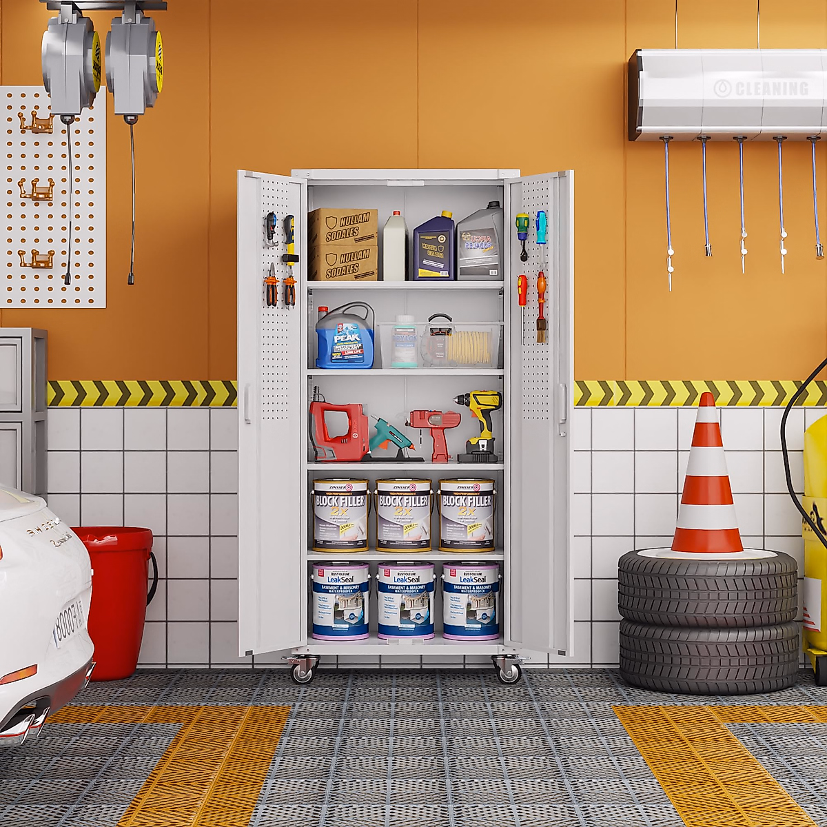 Aobabo 72" H Lockable Storage Cabinet on Wheels with 4 Shelves, Office Furniture Metal Storage Organizer with Wheels for Garage, Assembly Required, White