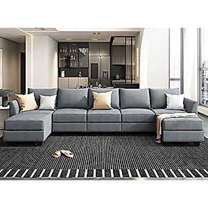 HONBAY Modular Sectional Sofa U Shaped Sectional Souch with Ottoman 7 Seat Modular Sofa with Chaise for Living Room, Bluish Grey