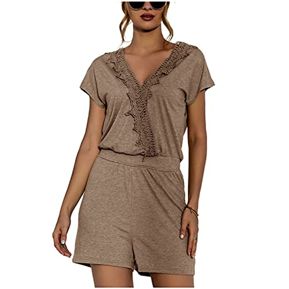 Bravetoshop Women's V Neck Short Sleeve Romper Overalls Summer Casual Loose Shorts Jumpsuit (Khaki,L)
