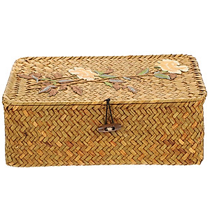Zerodeko Seagrass Rattan Storage Basket Weaving Storage Box Wicker Basket Embroidery Pattern Storage Box Rectangular Makeup Organizer Container with Lid Shelf Baskets M