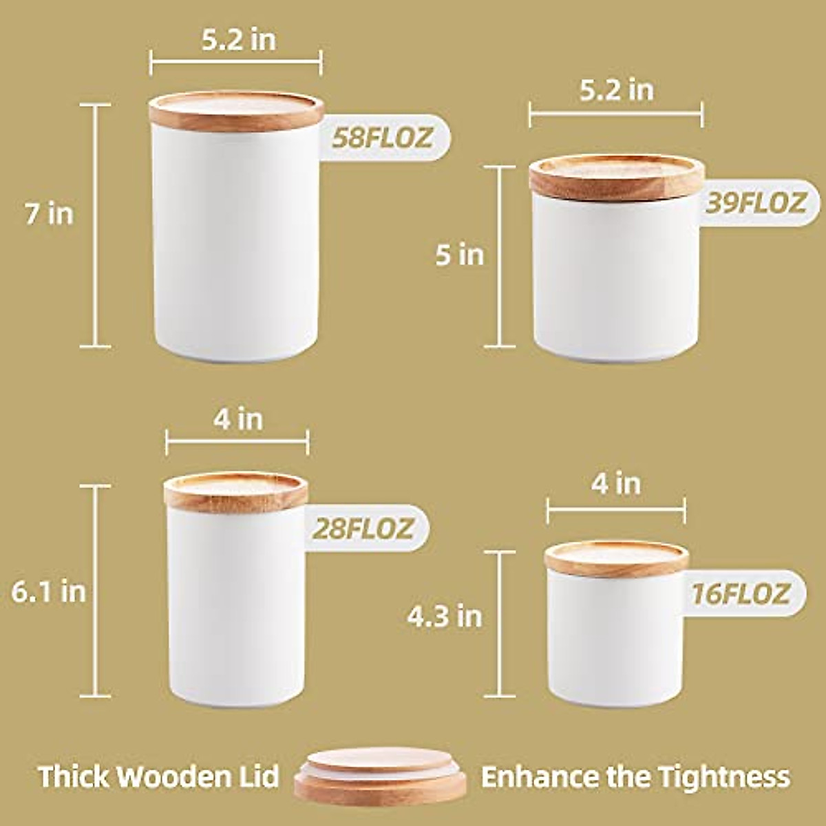 SWEEJAR Kitchen Canisters Ceramic Food Storage Jar Set, Stackable Containers with Airtight Seal Wooden Lid for Serving Ground Coffee, Tea, Herbs, Grains, Sugar, Salt and More - Set of 4 (Gray)