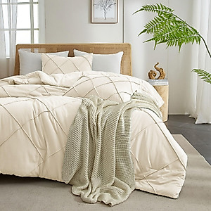 LifeTB Tufted Boho Comforter Set King Size Cream White Diamond Pattern Comforter Set Shabby Chic Bedding Jacquard Comforter Set Geometric Farmhouse Ivory Comforter with 2 Pillowcases All Season