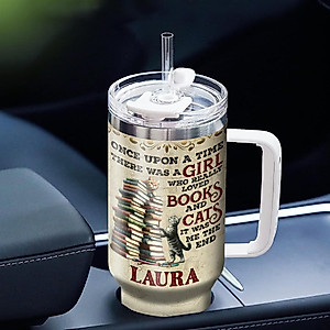 WAZONE Personalized Books and Cats Coffee Tumbler 40oz with Handle and Straw Custom Name Travel Coffee Mug Birthday Christmas Thanksgiving Gift For Librarians Cat Lovers Friends Women Girls