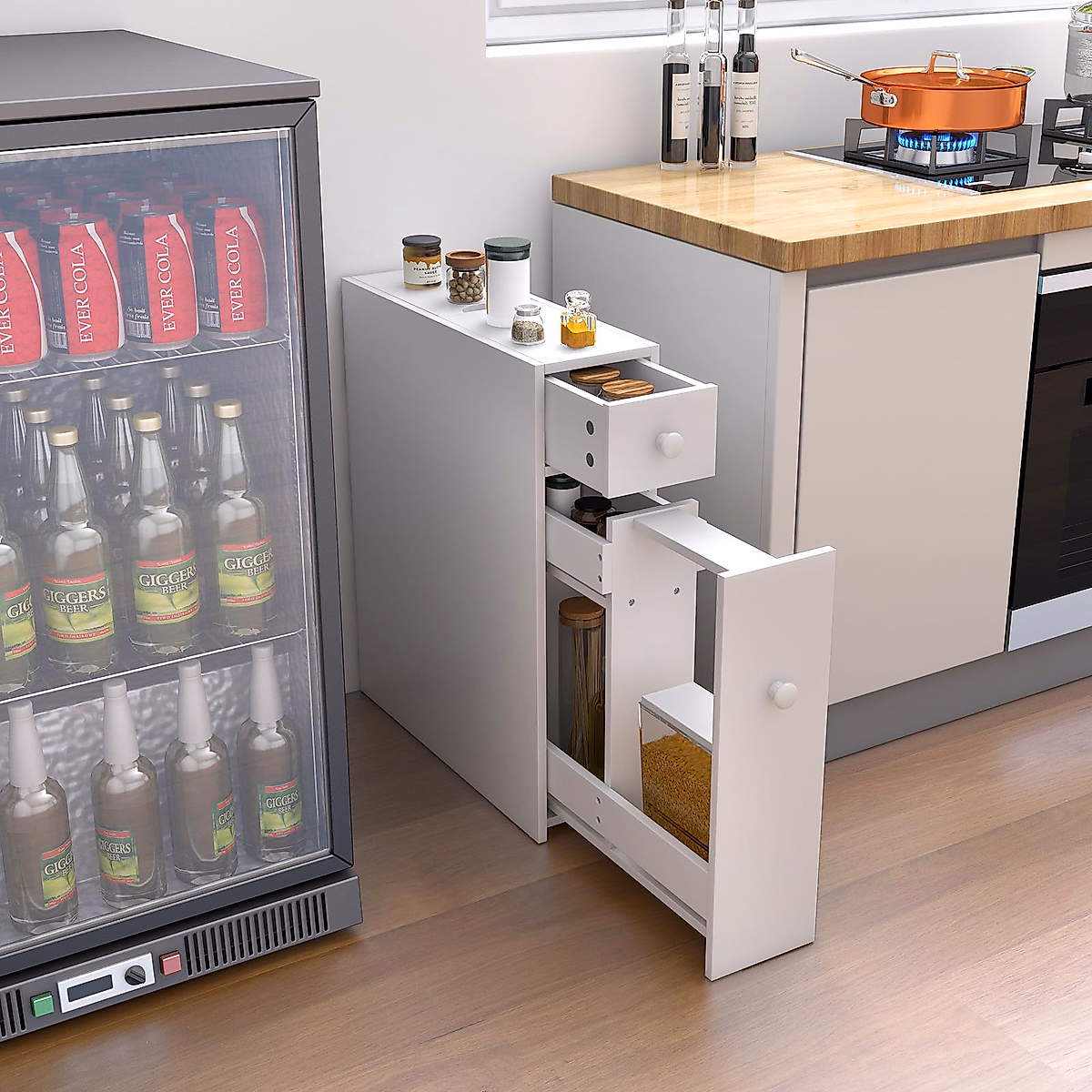 DORTALA Small Bathroom Floor Storage Cabinet, Free Standing Storage Organizer w/Drawer Double Door, Kitchen Cupboard, Wooden Entryway Storage Cabinet, 19" x 6.3" x 23"(L x W x H), White