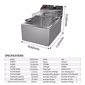 Electric Deep fryer Single Tank Deep Fryer with Basket Capacity 10L(10.5QT) Electric Countertop Fryer Stainless Steel Deep Fryers for Restaurant Home Use, 1700 Watts, 110V (10L)