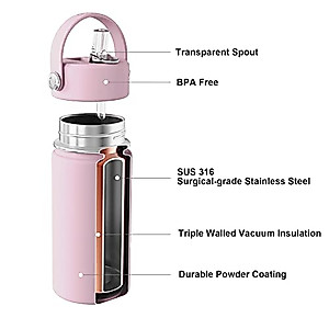 Oisiz Kids Water Bottle with Straw Lid 14oz, Vacuum Insulated 316 Stainless Steel Water Bottles for Kids for School, Leakproof Toddler Water Bottle, BPA Free and Keep Cold for 24 Hours, Cherry Blossom