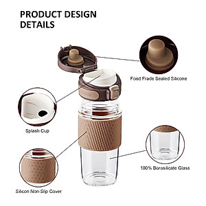 TKK Glass Travel Coffee Mug with Lid 15 OZ Leak Proof Reusable Coffee Cup with Silicone Sleeve - BPA Free, LightGreen-NEW