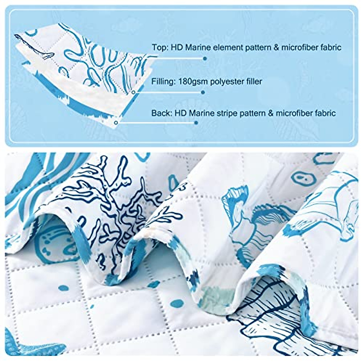 FRAMICS 3-Piece King Size Reversible Quilt Set Summer Quilt Lightweight Ocean Quilts Beach Bedspread Coverlet Blue Coral Conch Seashell Coastal Bedding for All Season(1 Quilt, 2 Pillow Shams)