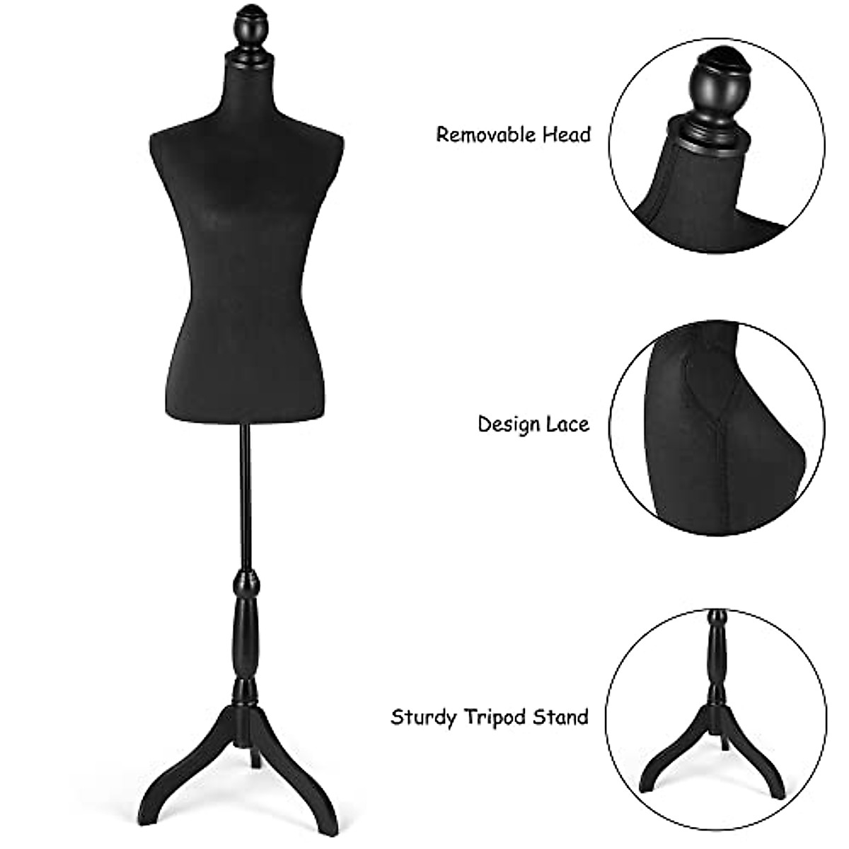 Female Dress Form Mannequin Body Torso Stand with Adjustable Height Stand Dress Form for Display or Decoration, Black