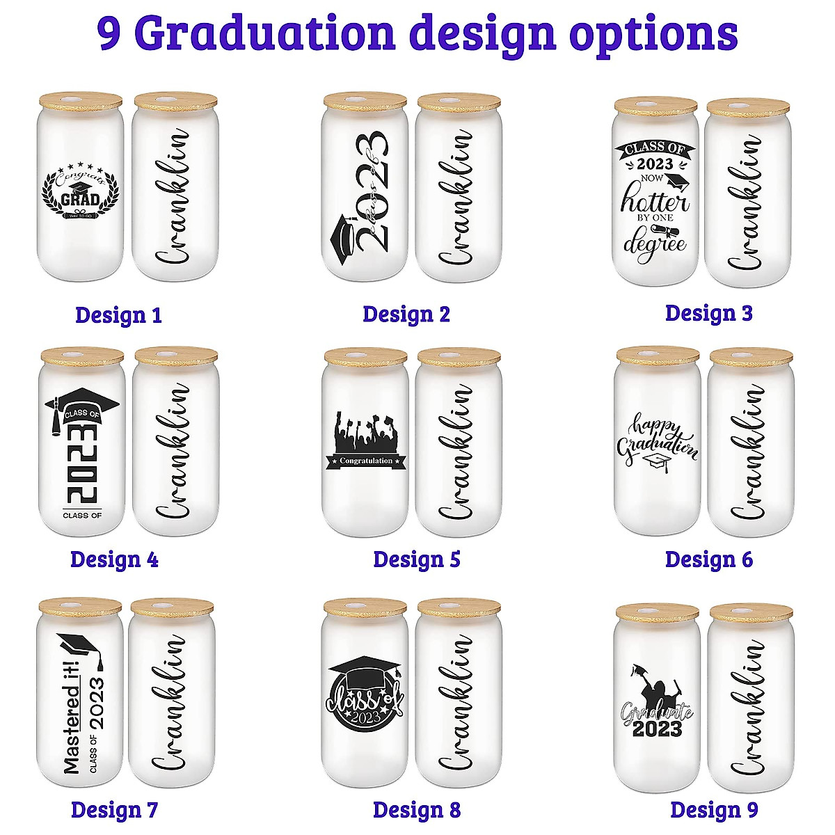 Personalized Glass Cups with Bamboo Lids and Straws Custom Name Photo Sublimation Drinking Glass Can Tumbler 16oz Customized Ice Coffee Cup Gift for Birthday Wedding Graduation Anniversary Party