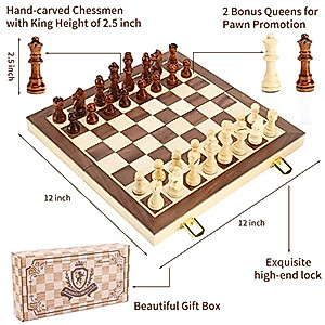 Hnoerin Chess Board, Chess Sets for Adults, Magnetic Chess Set Wooden Travel Chess Set for Kids, Folding Chess Board Set with Crafted Chess Pieces Includes Extra Queens, Great Gifts for Friends