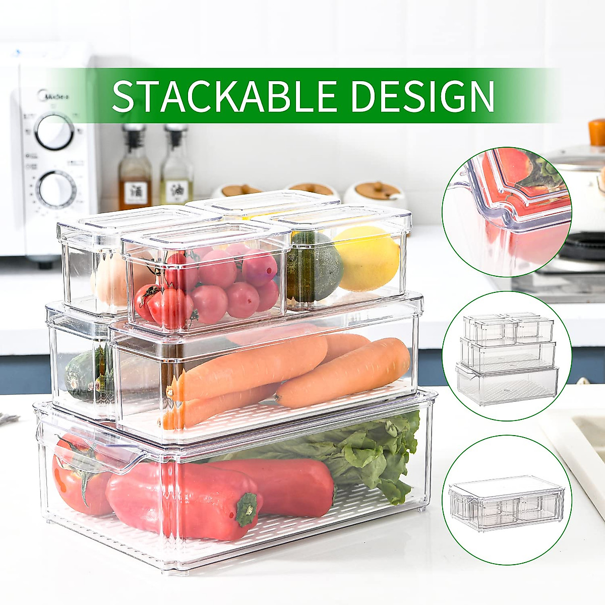 AionneWie 7-Piece Stackable Fridge Organizer Set - Clear Containers with Lids, Perfect for Organizing Vegetables, Fruits, Food, and Drinks
