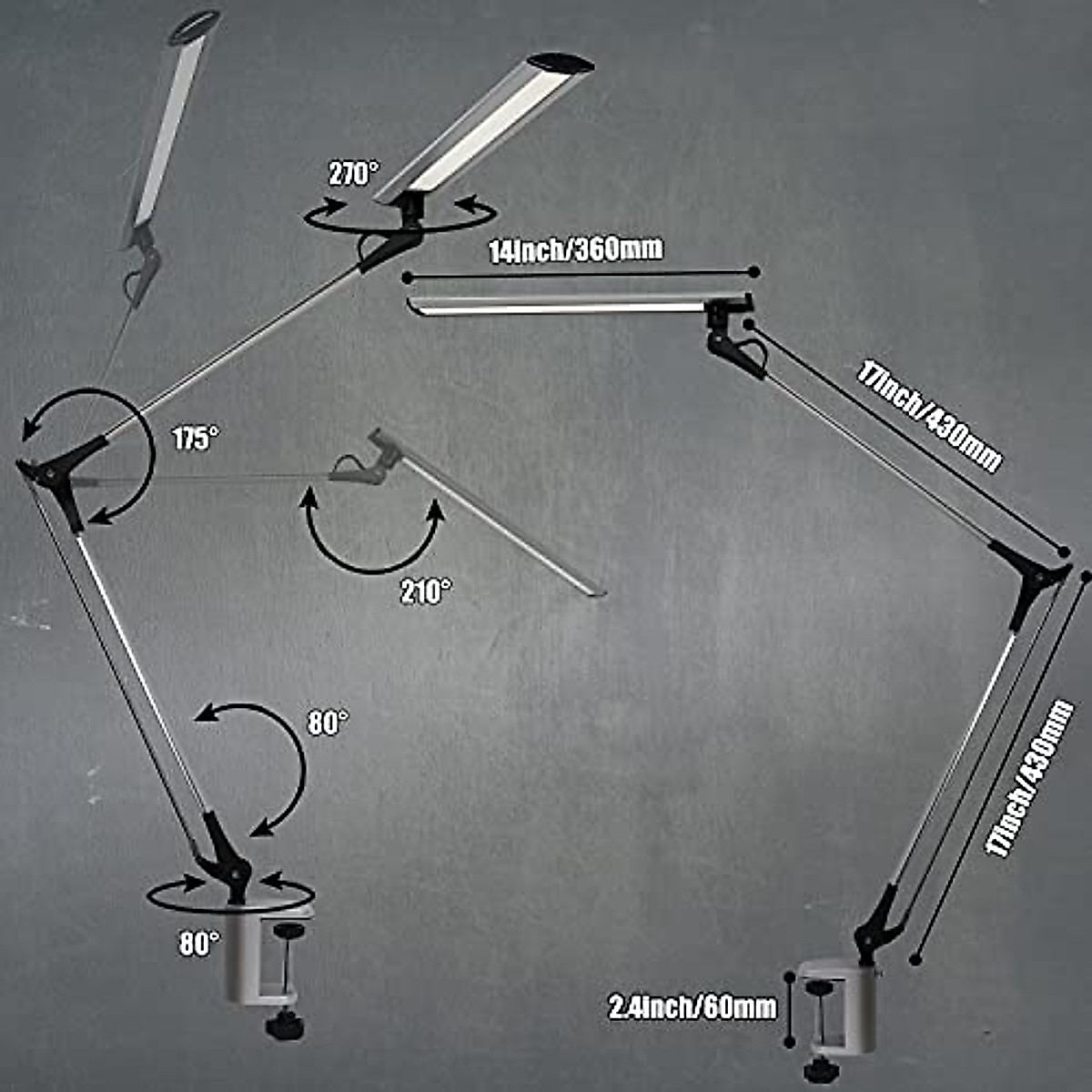 Amzrozky Workbench Light,Drafting Table Lamp for Artist,Architect LED Desk Lamp, Task Lamp with Clamp,Eye-Care Dimmable Office Light with 5 Color 5 Brightness,Touch Control,Memory Function,Silver