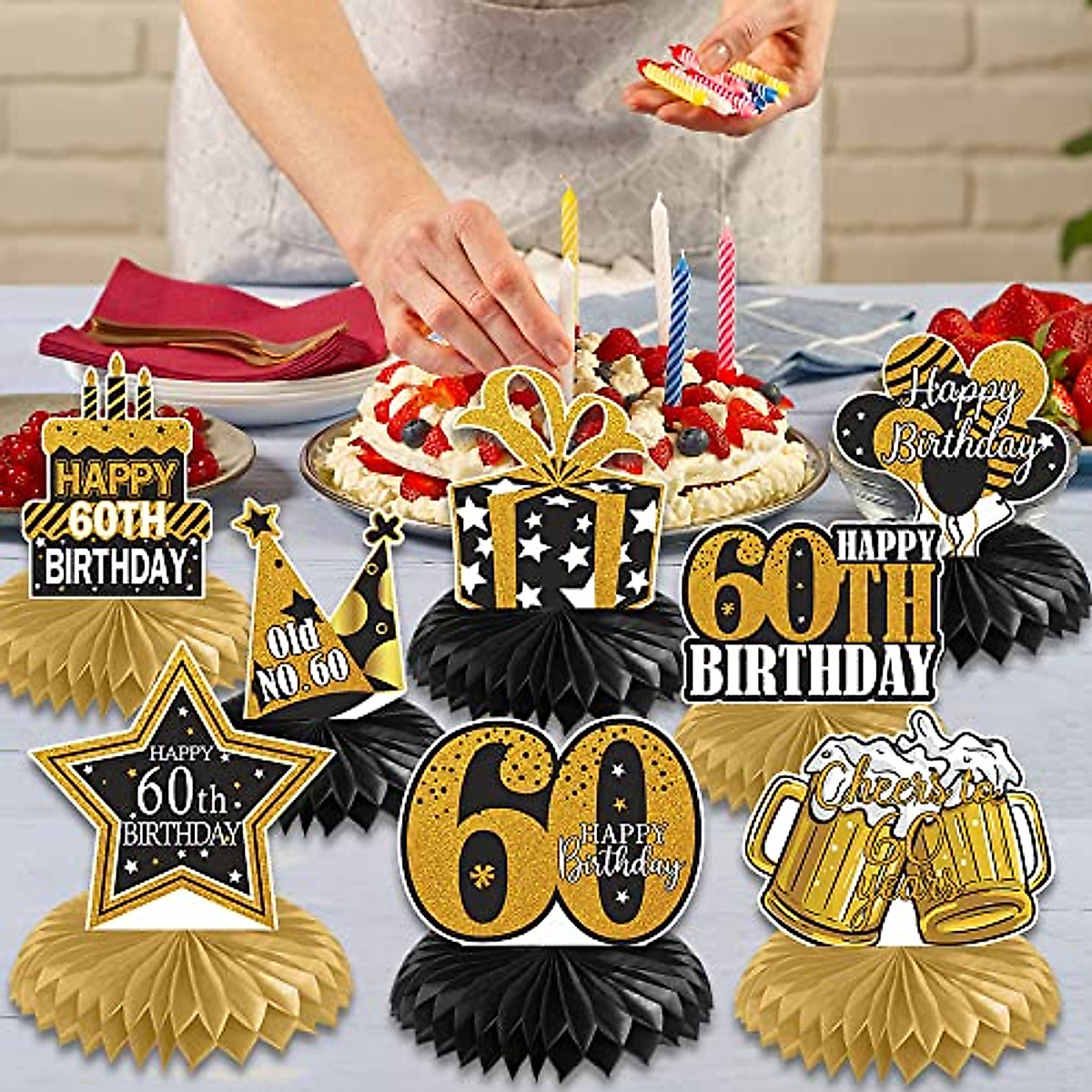 60th Birthday Decoration Honeycomb Centerpieces for Women Men, 8 Pcs Black Gold Cheers to 60 Years Table Centerpiece Toppers, 60 Birthday Party Creative Table Sign Décor, Easy Set Up, Vicycaty