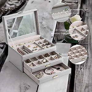 Vlando Jewelry Box Organizer, Leather Jewelry Display Case, 2 Jewelry Tray Drawer Storage for Necklaces, Earrings and Rings, Grey