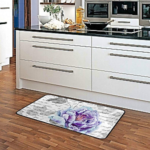 Watercolor Blue and Purple Peony Kitchen Mat Rugs Cushioned Chef Soft Non-Slip Floor Mats Washable Doormat Bathroom Runner Area Rug Carpet