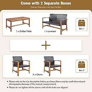 Tangkula 4-Piece PE Rattan Patio Furniture Set, Outdoor Conversation Set with Solid Acacia Wood, Outdoor Bistro Set with 1 Coffee Table, 1 Loveseat and 2 Chairs for Poolside, Backyard and Deck