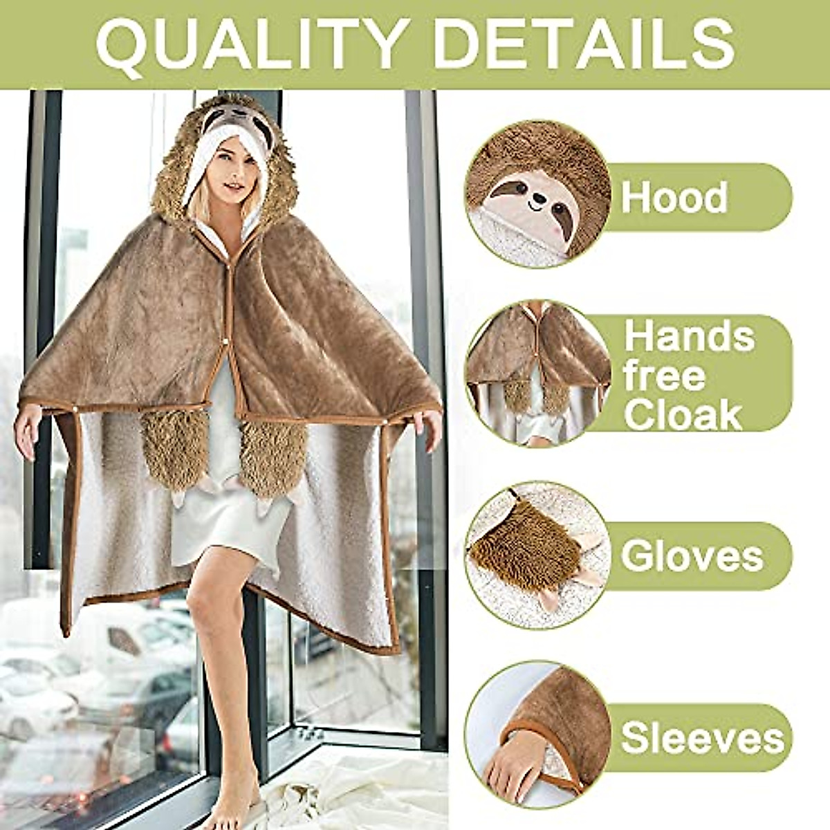 Sloth Wearable Hooded Blanket for Adults - Super Soft Warm Cozy Plush Flannel Fleece & Sherpa Hoodie Throw Cloak Wrap - Sloth Gifts for Women Adults and Kids (Brown)