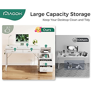 AODK Computer Desk with 4 Drawers and USB Power Outlets, Reversible Home Office Desk with Printer Stand, Small Desk with Storage Shelf, Study Writing Work Table for Bedroom, Vanity Desk, White, 53"