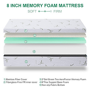 MUUEGM Full Mattress,8 Inch Cooling Gel Green Tea Memory Foam Mattress with Bamboo Cover,Full Size Mattress in a Box,Medium Firm Mattress,CertiPUR-US Certified