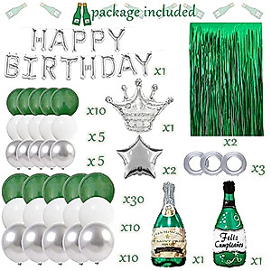 Green Birthday Party Decorations with Silver Happy Birthday Banner, White, Green and Silver Balloons, Emerald Green Champagne Balloon, Fringe Curtain for Men Women Girls Boys Party Decor Supplies