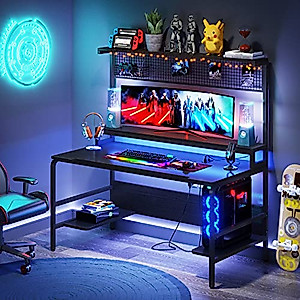 Tribesigns 55 Inch Gaming Desk with 2-Outlet & 2 USB Ports, Large Computer Desk with Monitor Stand, Ergonomic Gamer Table with Metal Storage Basket, Black