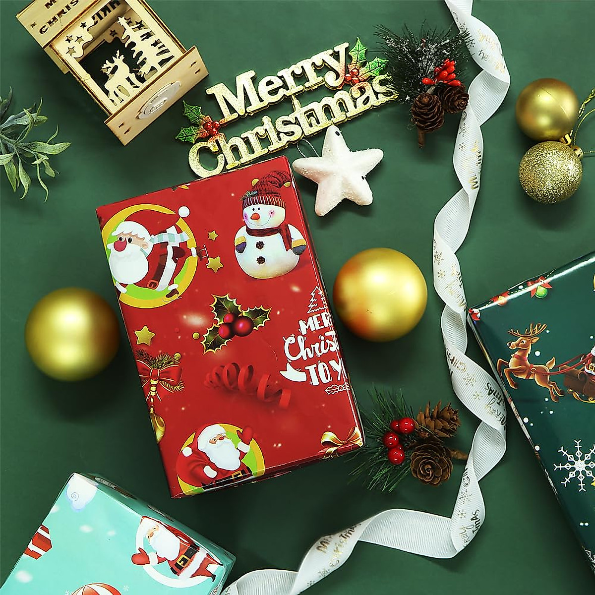 Geluode Christmas Wrapping Paper, Gift Wrapping Papers With Ribbon, Santa Snowman Christmas Tree Snowflake Merry Christmas Wrapping Paper for Family Friends Kids lovers Christmas Holidays