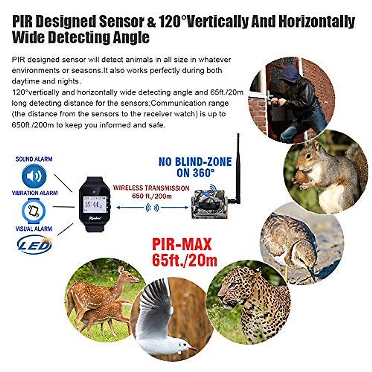 Olymbros Security Sensors/Outdoor Animals Alarm System Kit 360°20m/ Long Range IR IP54 Motion Detector&Sensor with Sound/Vibration/Visual Three Alerts for Hunting/Camping/Home Security