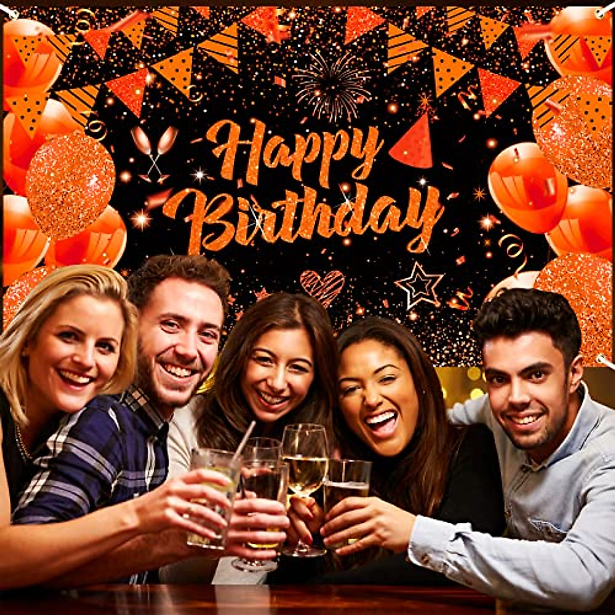 Orange Birthday Banner Decorations Large Orange Black Happy Birthday Banner Backdrop Orange Birthday Sign Photo Booth Background for Women Men Birthday Party Supplies 71x43Inch