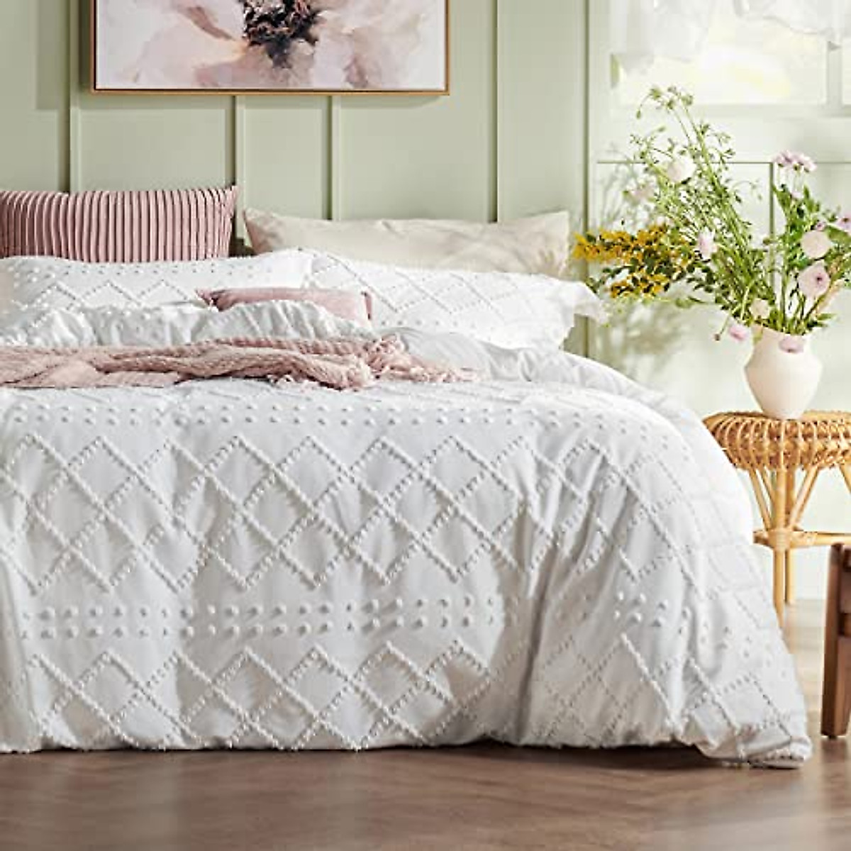 Bedsure Duvet Cover King Size - King Duvet Cover Set, Boho King Bedding Set for All Seasons, 3 Pieces Embroidery Shabby Chic Home Bedding Duvet Covers (White, King, 104x90)