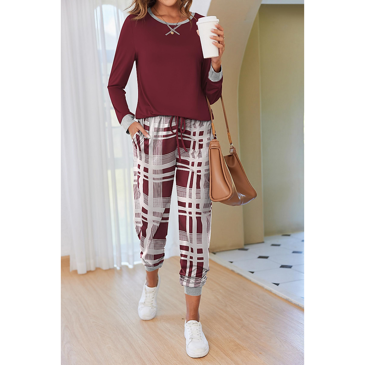 Ekouaer Women's Long Sleeve Pj Soft Crew Neck Pajama Long Sleeve Sweatshirt with Long Pants Red Plaid,Medium