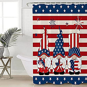 Comforance 4 Pcs Shower Curtain Set with Rug, Independence Day Star Bathroom Curtains Shower Set Toilet Mat Lid Rug Bathroom Sets Shower Curtain Sets with Hooks, Cute Gnomes Red Blue Stripes