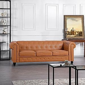 Emery Chesterfield 3 Piece Living Room Sectional Sofa Set with Rolled Arms, Tufted Cushion Sofas for Living Room Set Includes Sofa, Loveseat Couch, Accent Arm Chair / Easy Tool-Free Assembly – Caramel