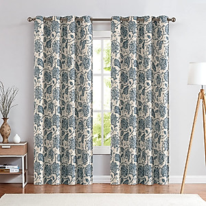 jinchan Farmhouse Curtains for Living Romm, Linen Textured Floral Curtains 96 Inch Length, Room Darkening Vintage Drapes for Bedroom, Grommet Top Window Treatments, 2 Panels Blue on Greige