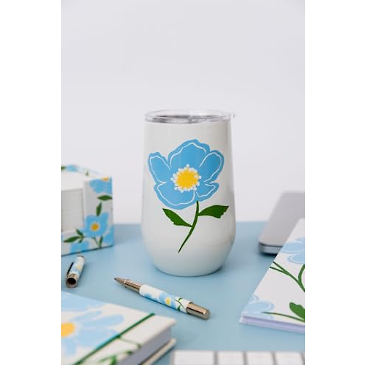 kate spade new york Insulated Stainless Steel Wine Tumbler, 16 Ounce Double Wall Tumbler, Blue Stemless Travel Cup with Lid, Sunshine Floral