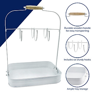 AuldHome Enamelware Coffee Mug Rack, Countertop Style White Rustic Distressed Cup Hanging Stand with Tray