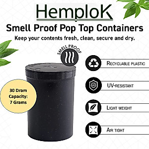 Pop Top Containers by HemploK | 500 Pack of 30 Dram Airtight Storage Containers with Child Resistant Lid | Hemp-Plastic Reusable Waterproof Smell Proof Containers | 7 g [1/4 oz] Pop Top Pill Bottles