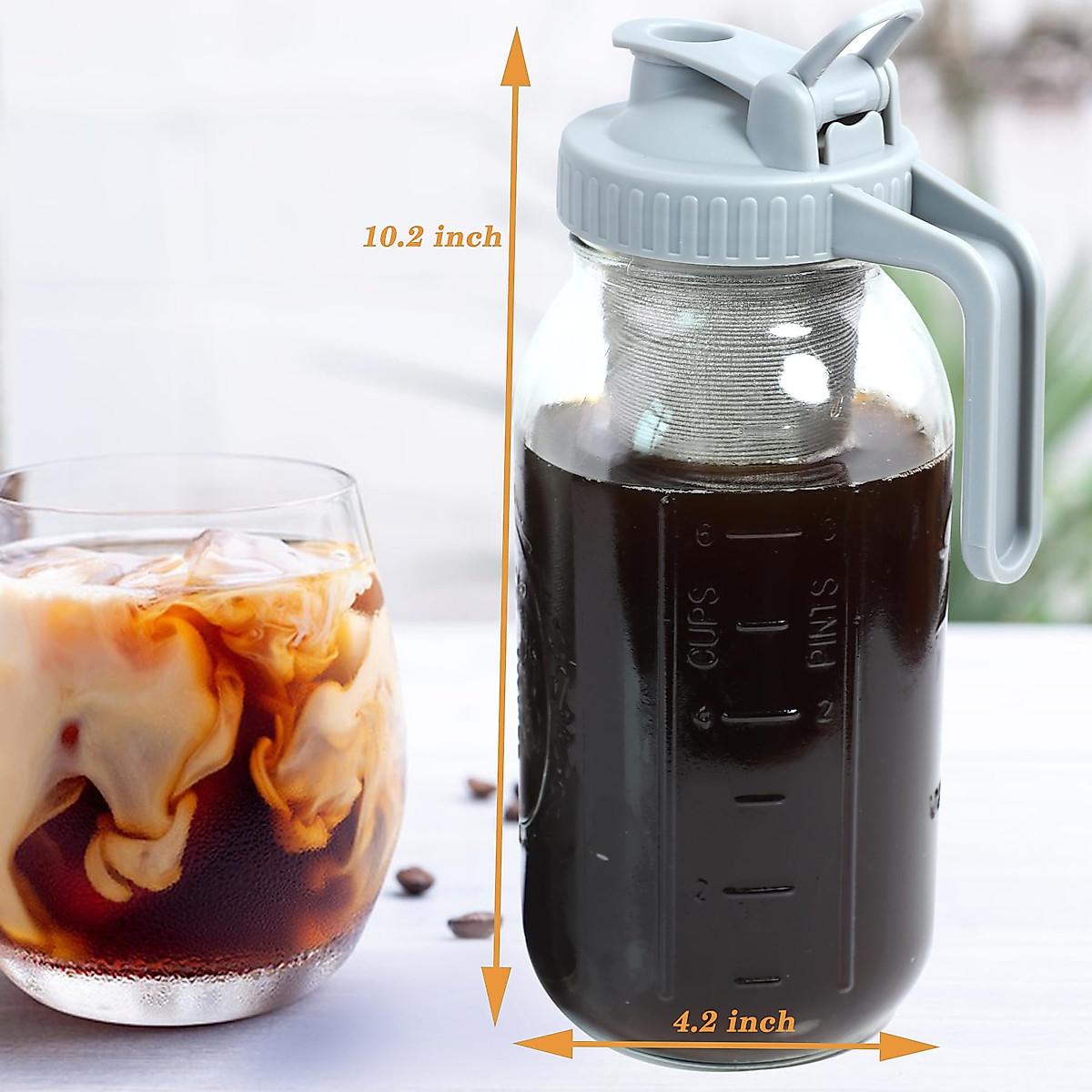 Cold Brew Coffee Maker Mason Jar 2 Quart Iced Coffee Pitcher 64oz With Filter Half Gallon Glass Mason Pitcher Spout Lid With Handle For Fridge Iced Coffee Tea Lemonade Fruit Drinks Container