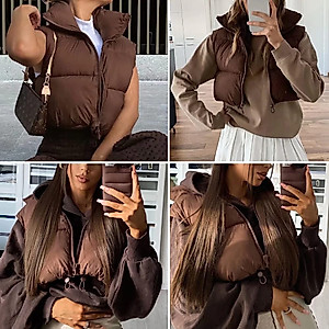 KEOMUD Women's Winter Crop Vest Lightweight Sleeveless Warm Outerwear Puffer Vest Padded Gilet Brown Small