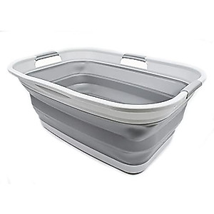 SAMMART 44L Collapsible Plastic Laundry Basket - Foldable Pop Up Storage Container / Organizer - Portable Washing Tub - Space Saving Hamper / Basket, Water Capacity: 35L (1, Grey), Size: 25.4 x 17.3 x 10.2 inches