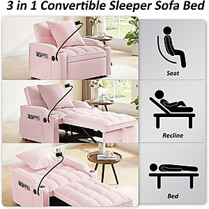 anwickjeff 3-in-1 Sofa Bed, Convertible Sleeper Chair Sofa Bed Adjustable Pull Out Sleeper Chair Bed Multi-Pockets Folding Sofa Bed for Living Room Bedroom Small Space (Pink)