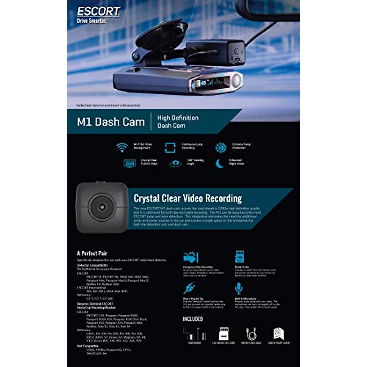 Escort M1 Dash Camera - 1080p Full HD Video Dash Cam, Loop Recording, G-Sensor, 16GB Micro SD Card Included, iPhone and Android Compatible