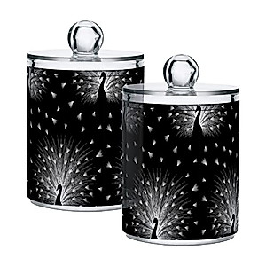 Wusikd Peacock 2 Pack Qtip Holder Organizer Dispenser Black Bathroom Storage Canister Cotton Ball Holder Bathroom Containers for Cotton Swabs/Pads/Floss