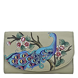 Anna by Anuschka Women's Geniune Leather Hand Painted Large Three Fold Checkbook Clutch Wallet - Peacock Bliss Taup