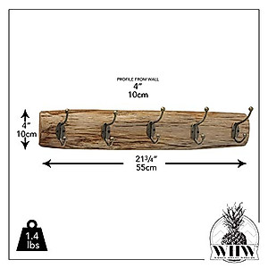 WHW Whole House Worlds Rustic 5 Hook Coat Rack, Wall Mounted, Oak Wood Plank with Tarnished Brass ad Black Finish, Iron Hooks, 4 Deep x 21.75 Long x 4 Tall Inches Bark-Peeled Finish,