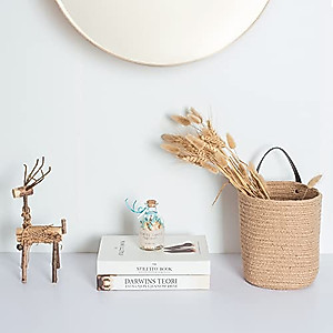 Wall Hanging Storage Baskets Jute Set of 2 Small Woven Rope Closet Organizer 6.7"x7.9" Décor with Black Leather Handle Nursery Storage Bins for Flower Plants/Garage/Shelf/Outdoor/Bathroom