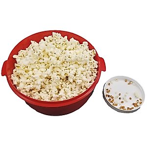 APSI Store Kernel Katcher Popcorn Bowl Set - Popcorn Bowl Strainer Sifter Shaker Kernel Catcher and Separator, Large and Reusable With Lid, Dishwasher Safe, Recycled Plastic with Handle (Red)