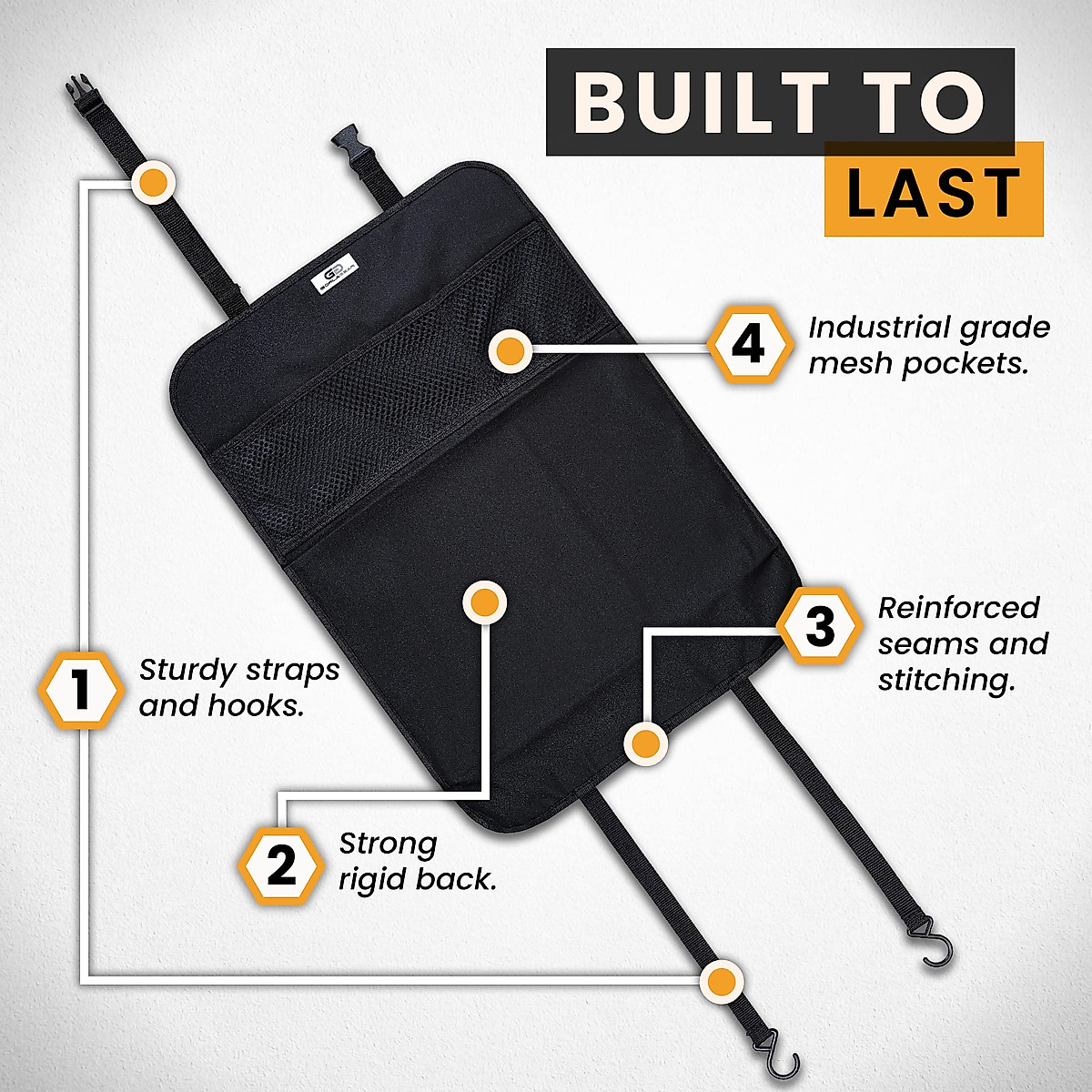 Gorla Gear Black Heavy Duty Kick Mats Back Seat Protector 2 Pack Car Seat Organizer Protection from Booster Seat Baby Toddler Kids Kicking Upgraded Bungee Hooks Universal Fit in Auto Trucks Vans SUV