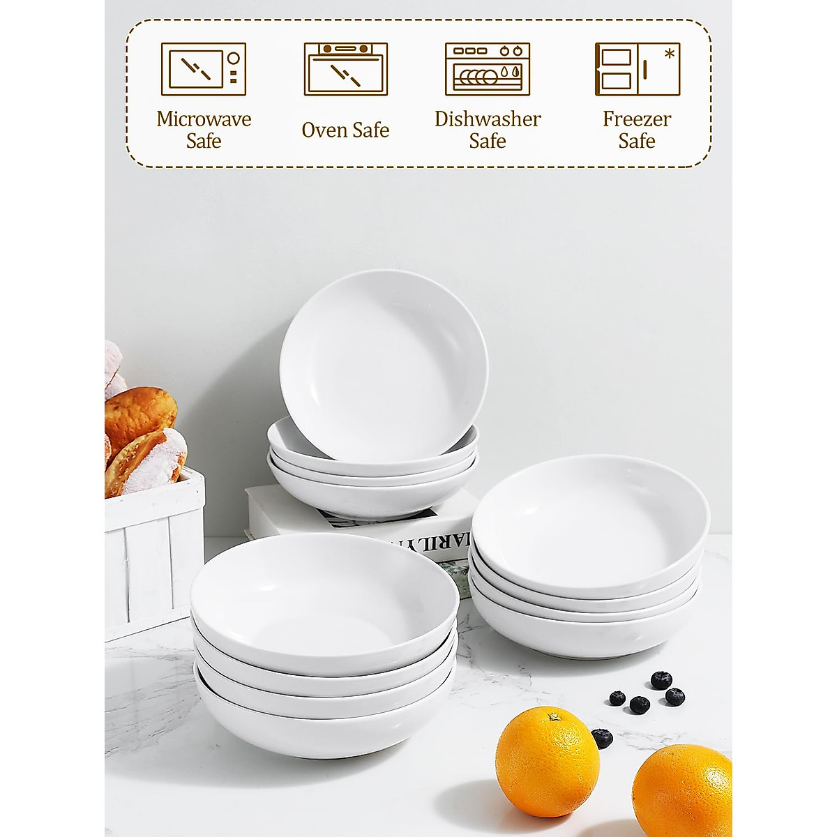 Yedio Pasta Bowls, 38 Ounces Porcelain Salad Bowls for Kitchen, Shallow Pasta Bowls Set, White Soup Bowls, Oven Dishwasher Safe, Set of 4